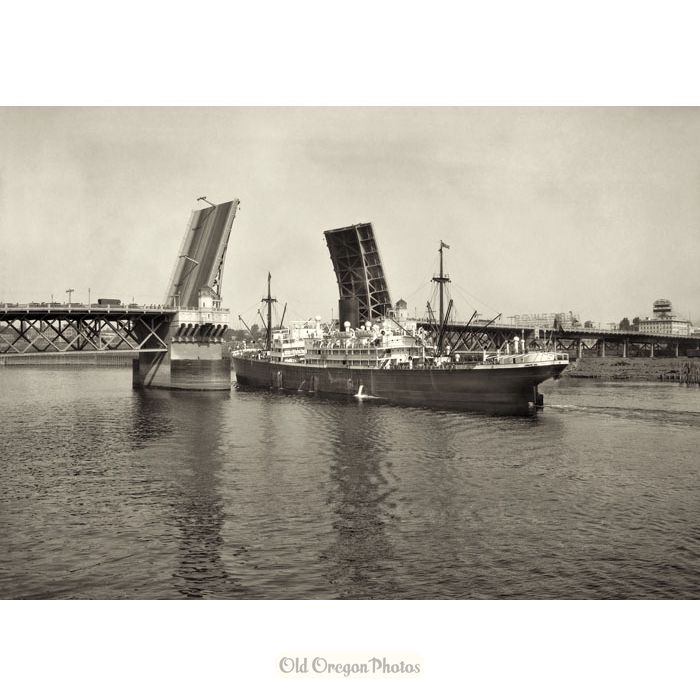 Ocean Liner Passing Through Draw of Burnside Bridge - 1931